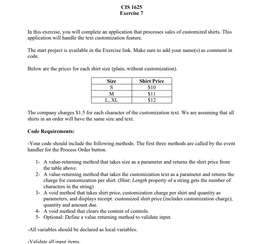 Solved CIS 1625 Exercise 7 In this exercise, you will | Chegg.com