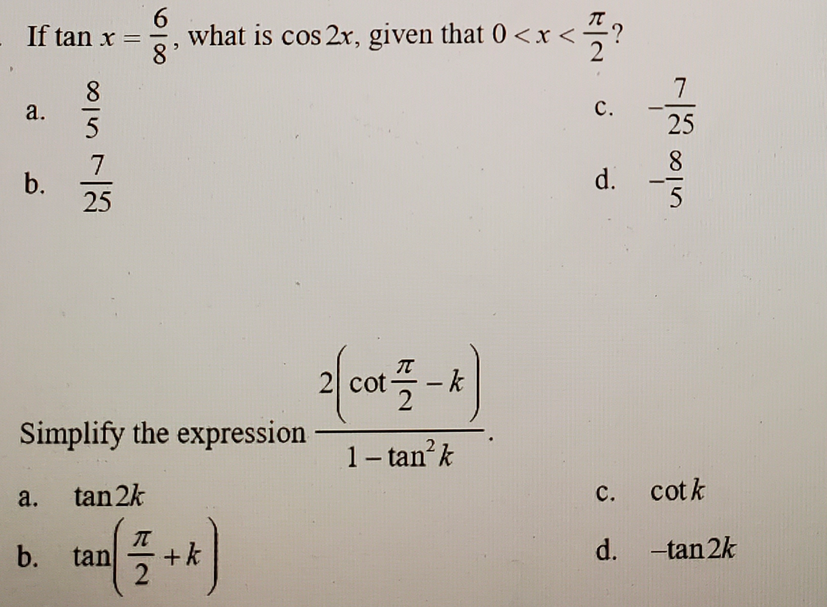 Solved - x A what is cos 2x, given that 0