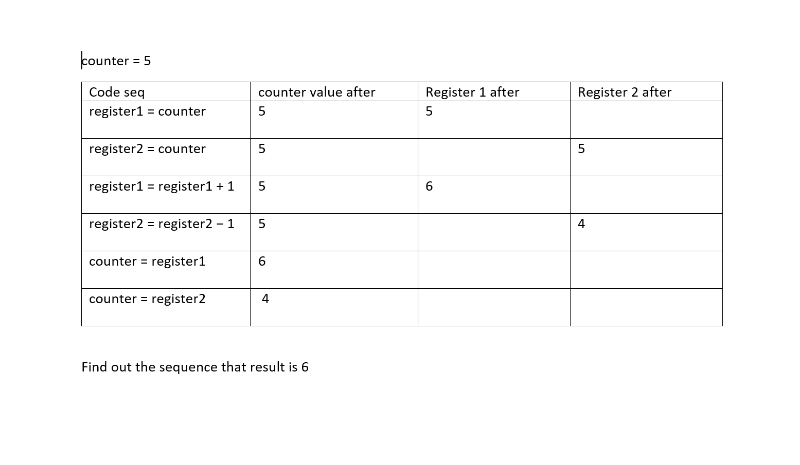Solved counter =5\table[[Code seq,counter value | Chegg.com