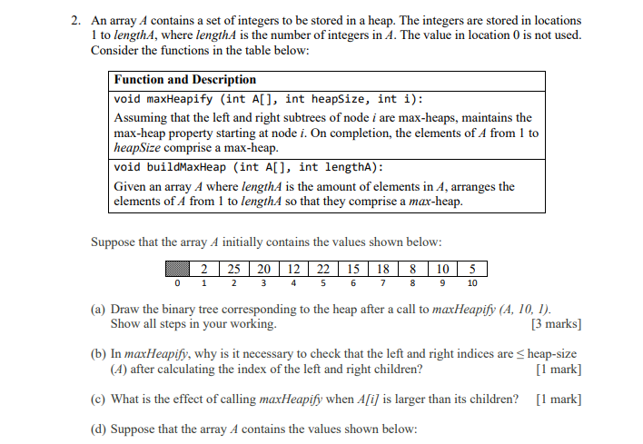 Solved 2. An array A contains a set of integers to be stored | Chegg.com