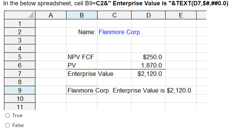 Solved he below spreadsheet, cell B9=C2\&" True False | Chegg.com