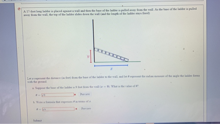 Solved A 17-oot long ladder is placed against a wall and | Chegg.com