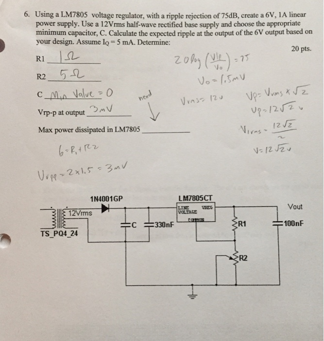 Solved Using a LM7805 voltage regulator, with a ripple | Chegg.com