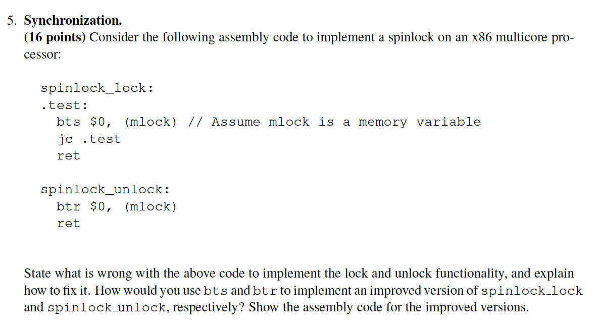 Solved 5. Synchronization. (16 points) Consider the | Chegg.com