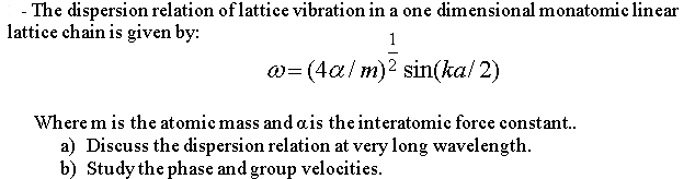 Solved - The dispersion relation of lattice vibration in a | Chegg.com
