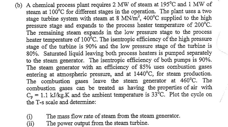 b) A chemical process plant requires 2MW of steam at | Chegg.com