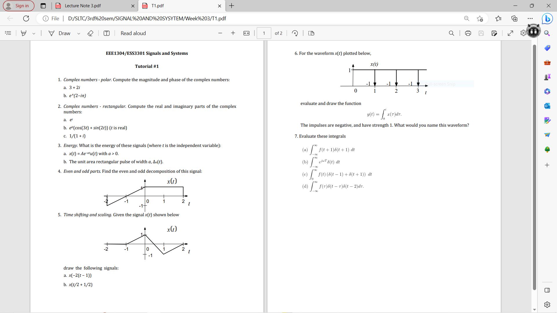 Solved EEE1304/ESS3301 Signals and Systems Tutorial \#1 1. | Chegg.com