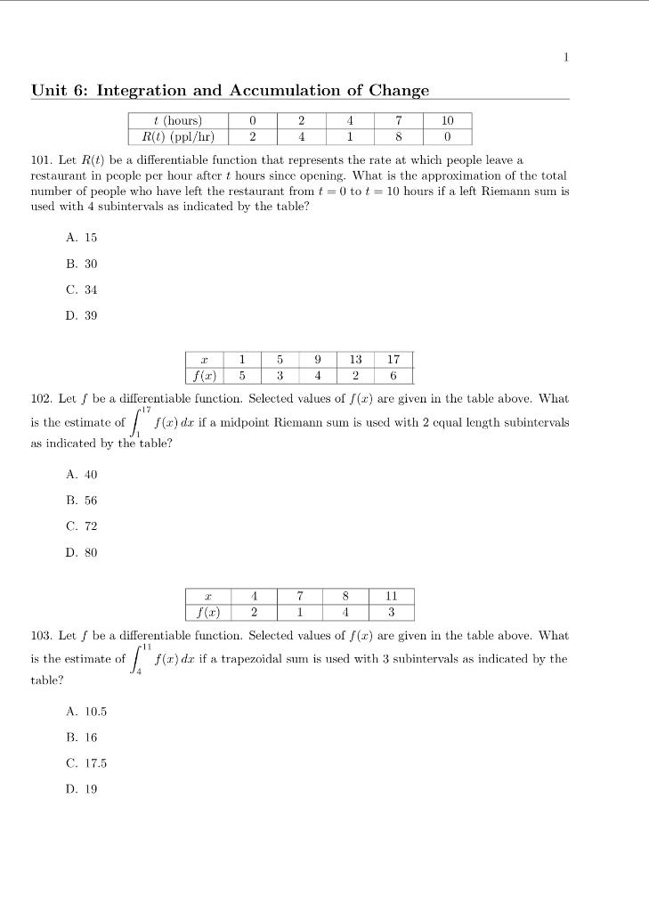 Solved Unit 6: Integration and Accumulation of Change 1 | Chegg.com