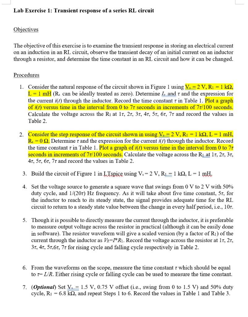 Lab Exercise 1: Transient response of a series RL | Chegg.com