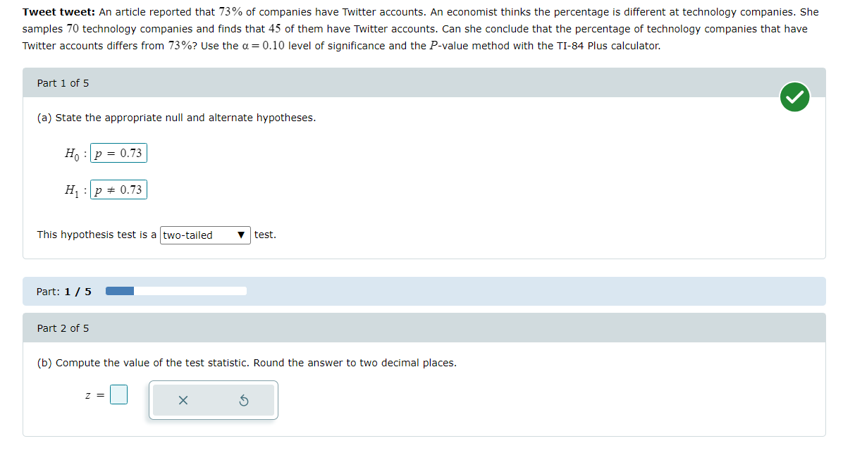 Solved Tweet tweet: An article reported that 73% of | Chegg.com