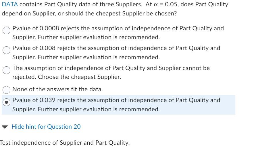 Solved DATA contains Part Quality data of three Suppliers. | Chegg.com