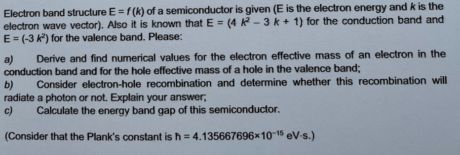 Solved Electron band structure E = f(k) of a semiconductor | Chegg.com