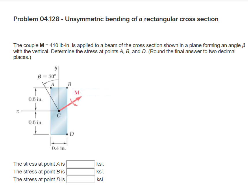 Solved Problem 04.128 - Unsymmetric bending of a rectangular | Chegg.com