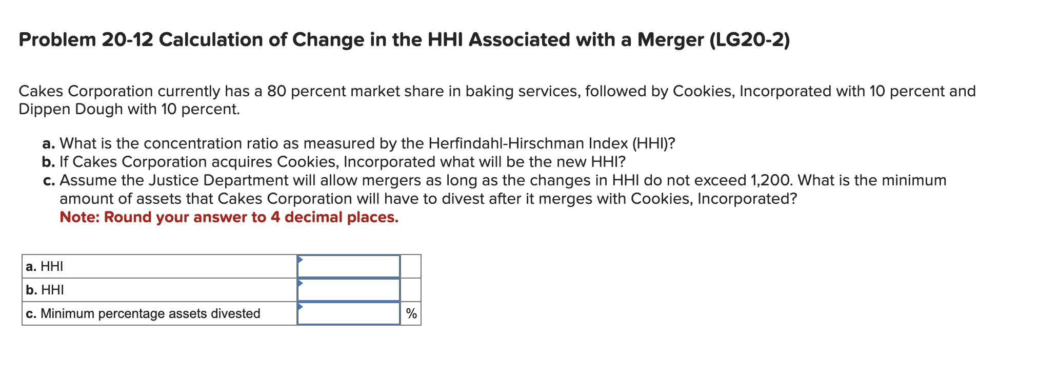 Solved Problem 20-12 ﻿Calculation of Change in the HHI | Chegg.com