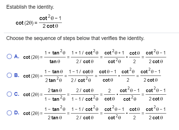 Solved Establish the identity cot-0-1 2 cot θ cot (20)- | Chegg.com
