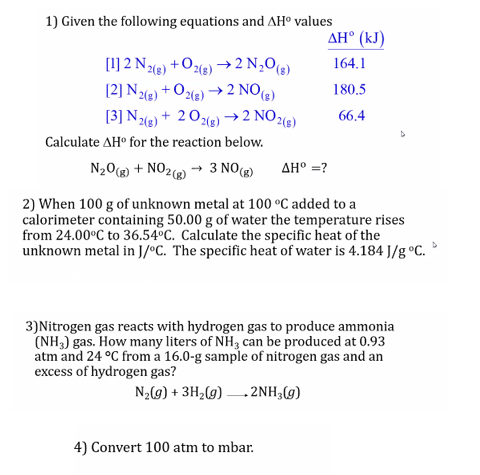 Solved 1) Given the following equations and AHⓇ values AH° | Chegg.com