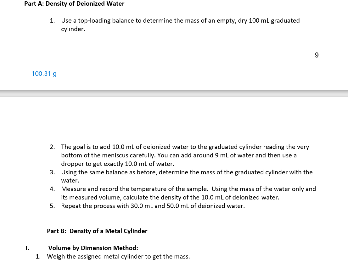 Solved Part A: Density of Deionized Water 1. Use a | Chegg.com