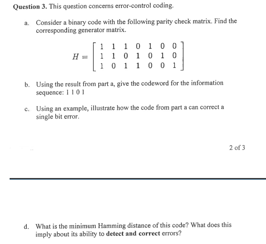 Solved Question 3. This question concerns error-control | Chegg.com
