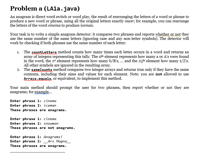 Solved Problem a (LA1a.java) An anagram is direct word | Chegg.com