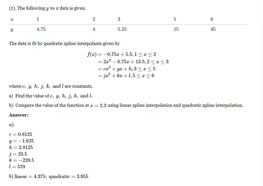 Solved (2). The following y vs x data is given. The data is | Chegg.com