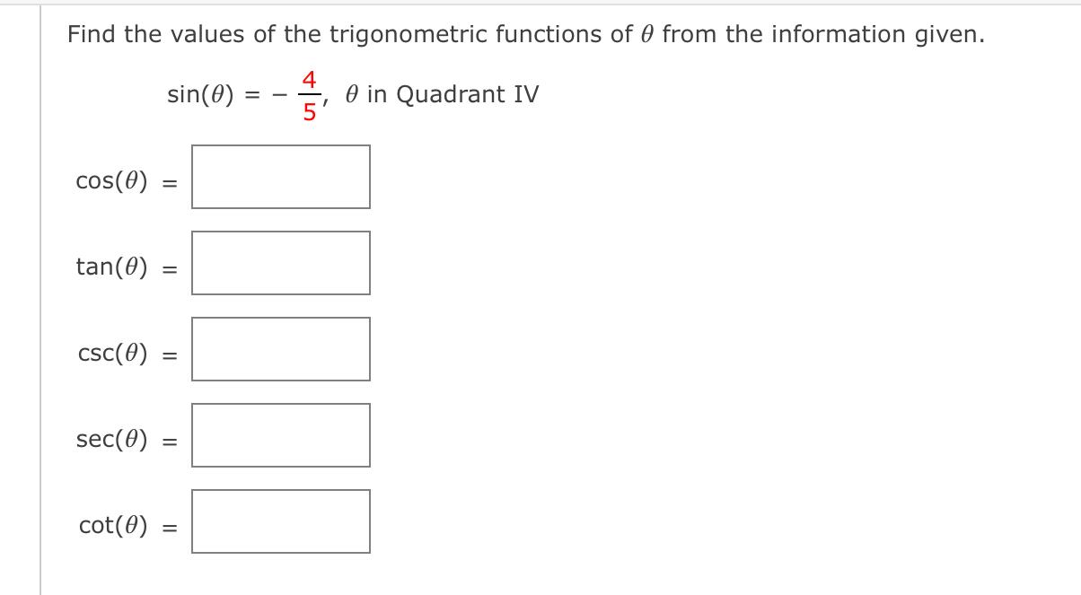 Solved Find the values of the trigonometric functions of 0 | Chegg.com