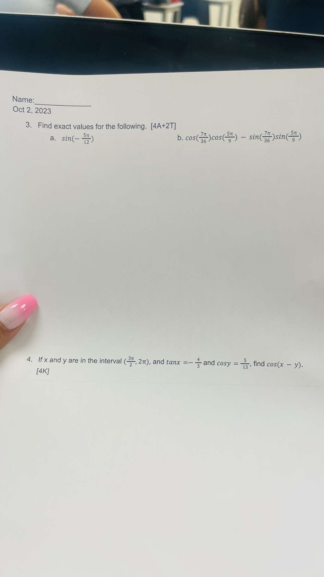 Solved 3. Find exact values for the following. [4A+2T] a. | Chegg.com