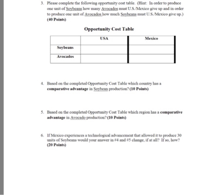 Please complete the following opportunity cost table. | Chegg.com