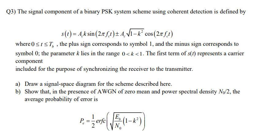 Solved Q3) The signal component of a binary PSK system | Chegg.com