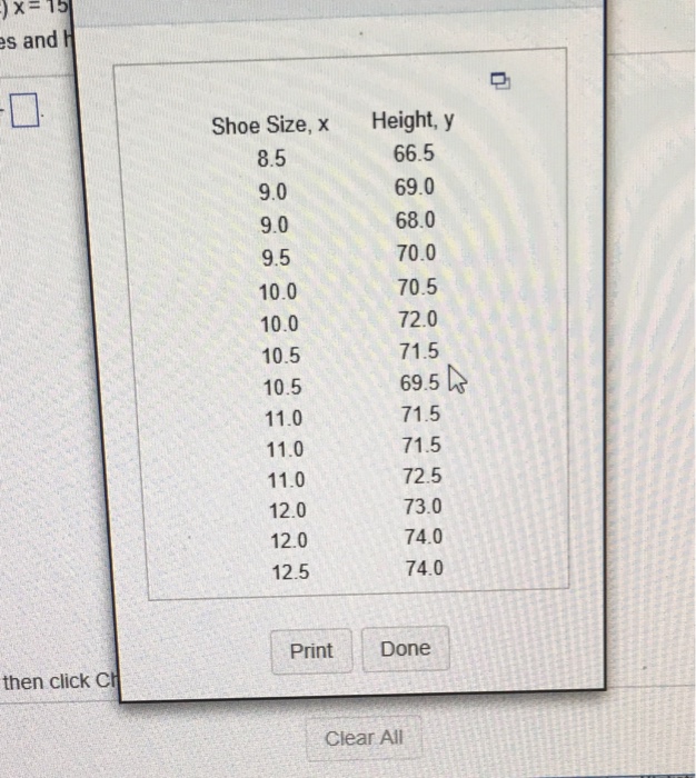 Solved The accompanying data are the shoe sizes and heights | Chegg.com