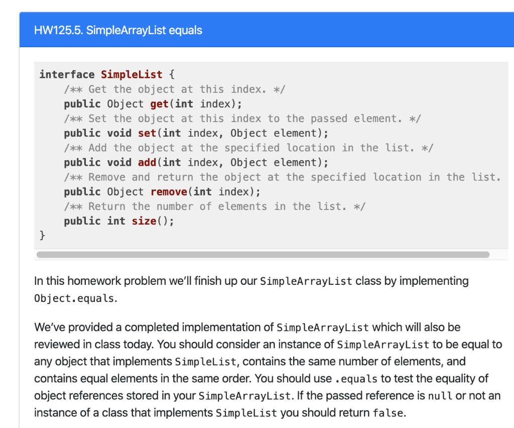 Solved HW125.5. SimpleArrayList equals interface SimpleList | Chegg.com
