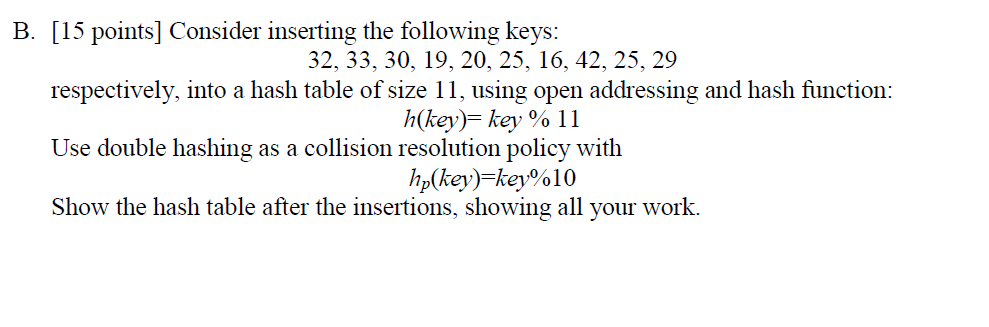 Solved B. [15 points] Consider inserting the following keys: | Chegg.com