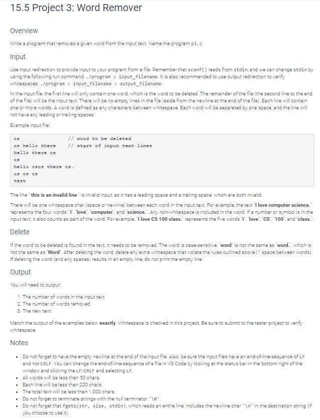 Solved Overview Write a program that removes a given word | Chegg.com