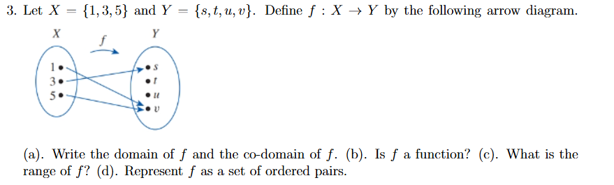 Solved Let x={1,3,5} and Y={s,t,u,v}. Define f:x→Y by the | Chegg.com Solved Let x={1,3,5} and Y={s,t,u,v}. Define f:x→Y by the | Chegg.com