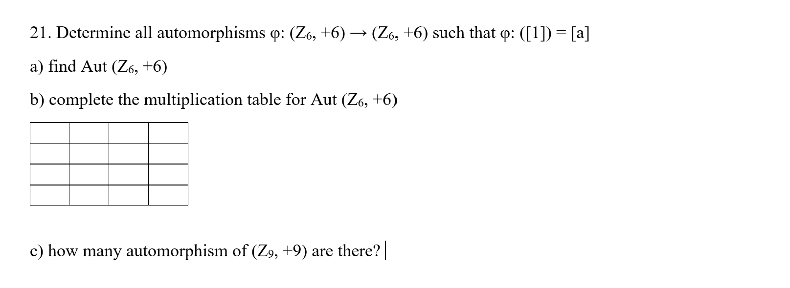 Solved 21. Determine all automorphisms q: (Z6, +6) + (Z6, | Chegg.com