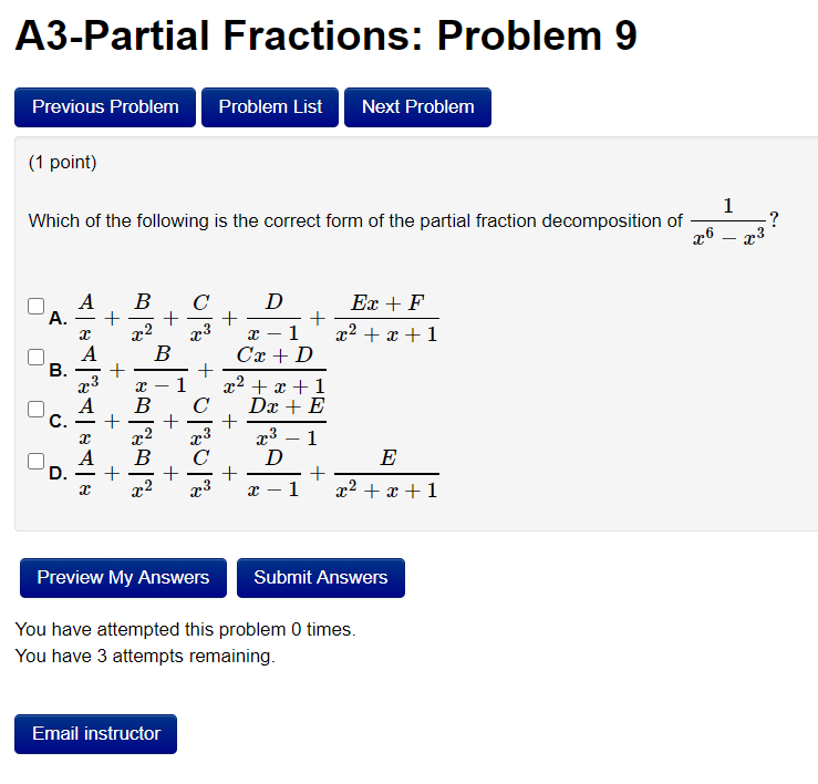Solved A3-Partial Fractions: Problem 9 Previous Problem | Chegg.com