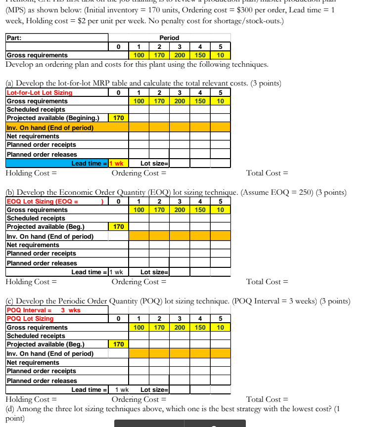 Solved (MPS) as shown below: (Initial inventory = 170 units, | Chegg.com