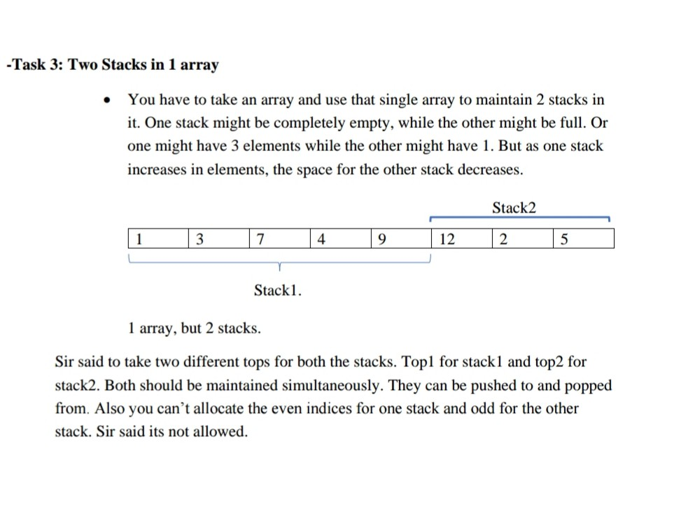 Solved -Task 3: Two Stacks in 1 array You have to take an | Chegg.com