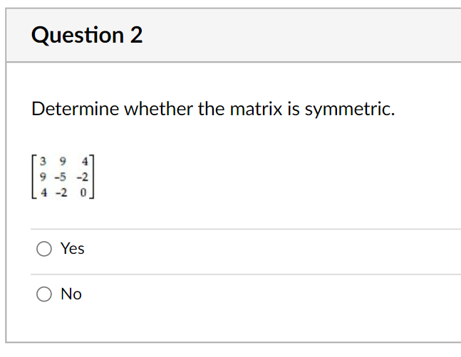Solved Determine whether the matrix is symmetric. | Chegg.com