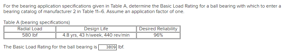 Solved For the bearing application specifications given in | Chegg.com