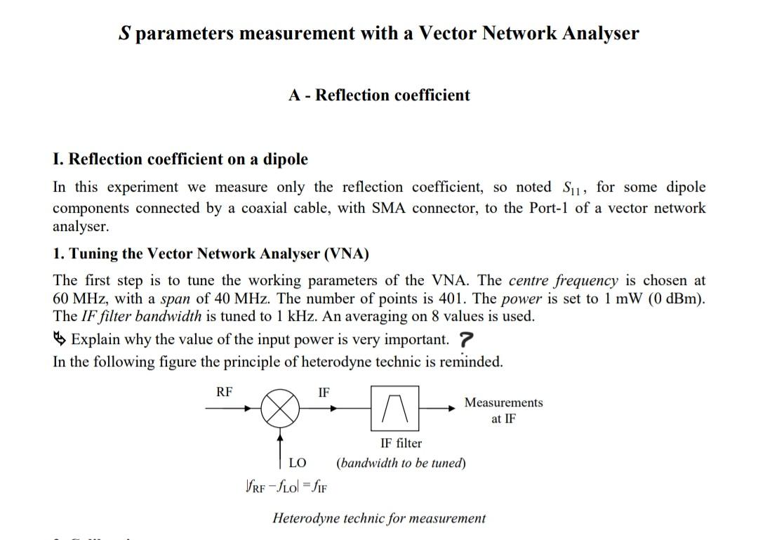 Solved S parameters measurement with a Vector Network | Chegg.com