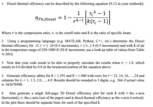 1. Diesel thermal efficiency can be described by the | Chegg.com