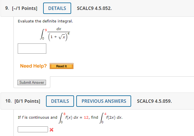Solved Evaluate the definite integral. \\[ \\int_{0}^{9} | Chegg.com