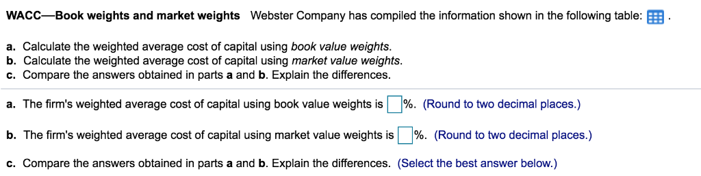 Solved WACC Book weights and market weights Webster Company | Chegg.com