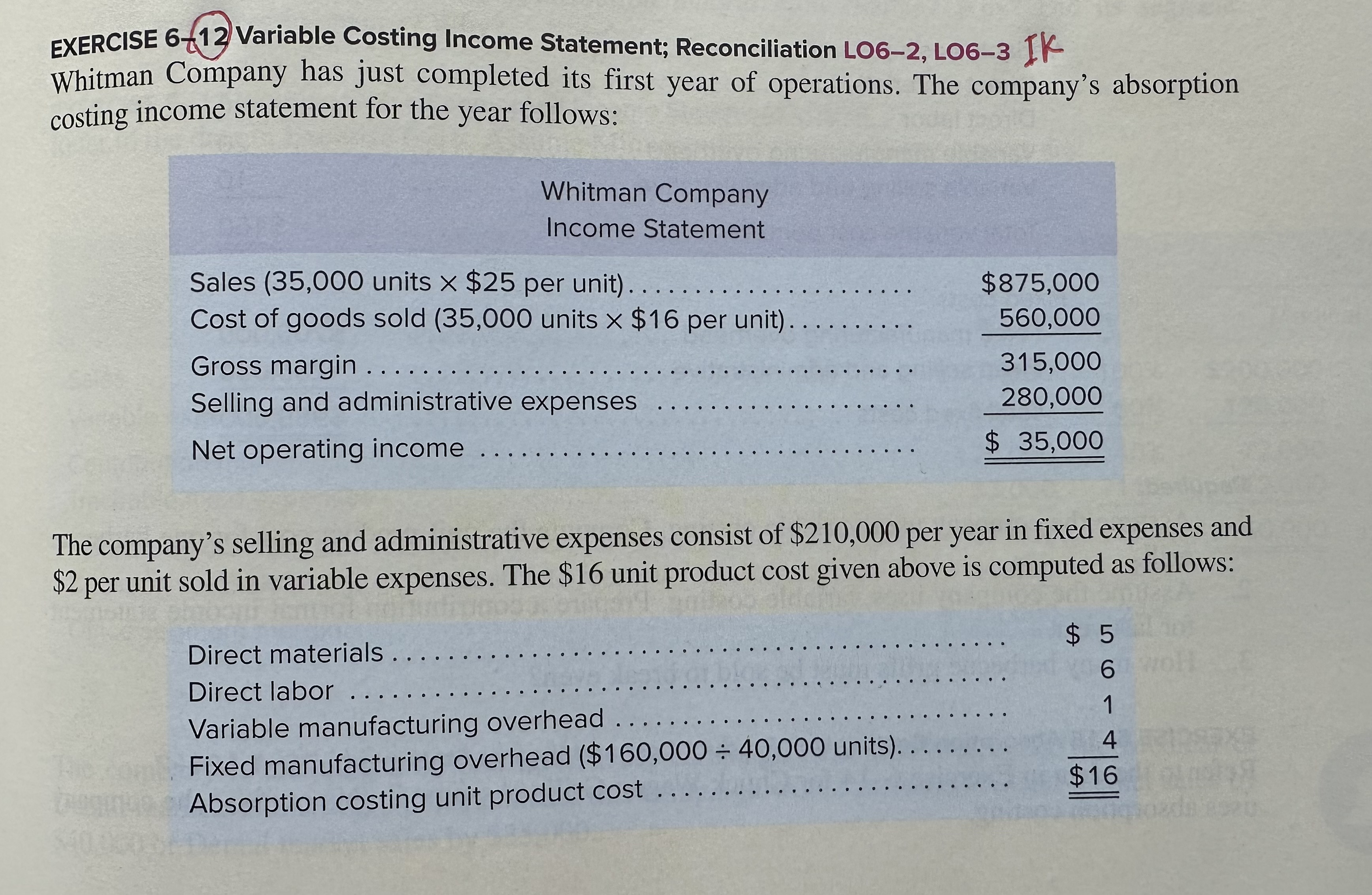 Solved Exercise 6 12 Variable Costing Income Statement