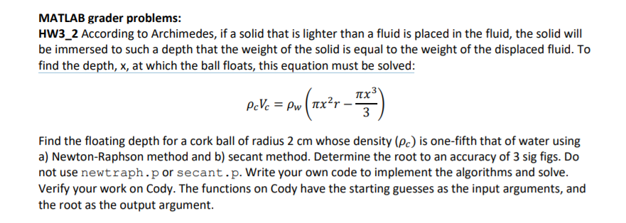 Solved MATLAB grader problems: HW3_2 According to | Chegg.com