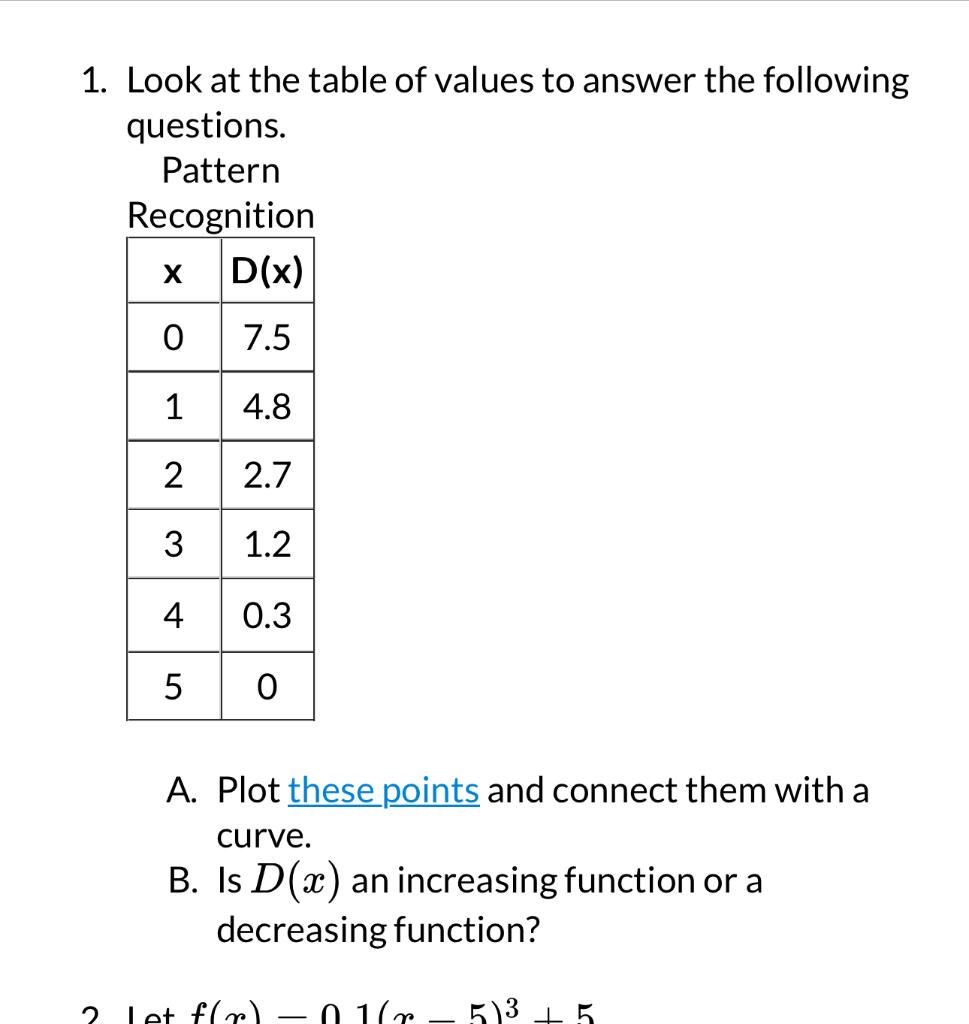 Solved 1. Look at the table of values to answer the | Chegg.com