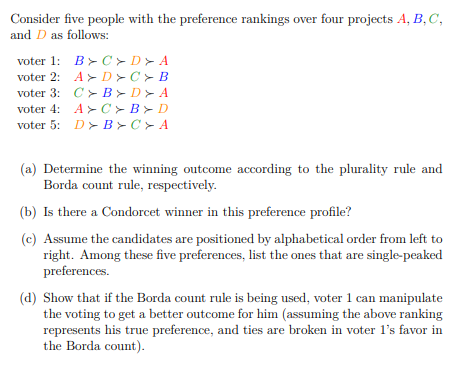 Solved Consider five people with the preference rankings | Chegg.com