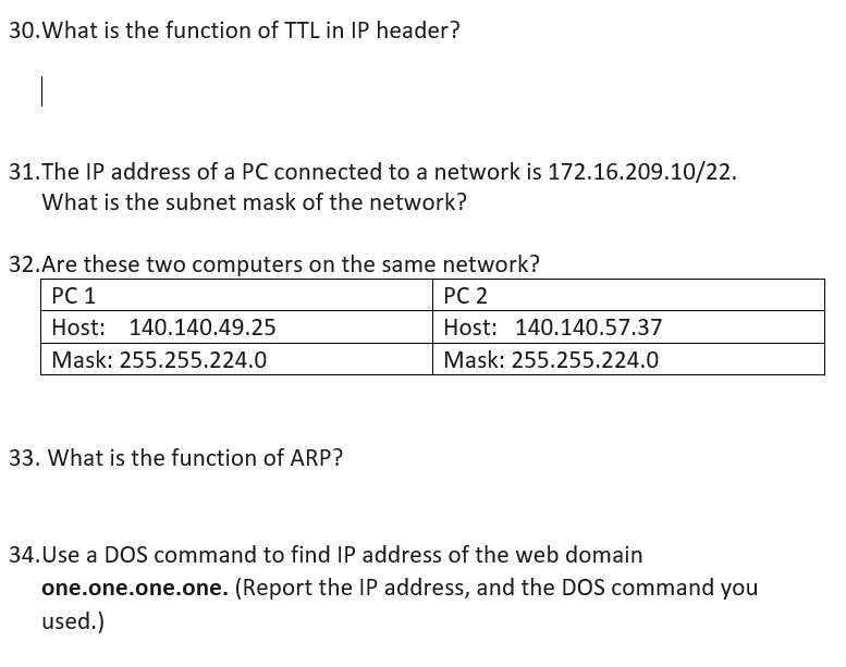 Solved 30.What is the function of TTL in IP header? 31.The | Chegg.com