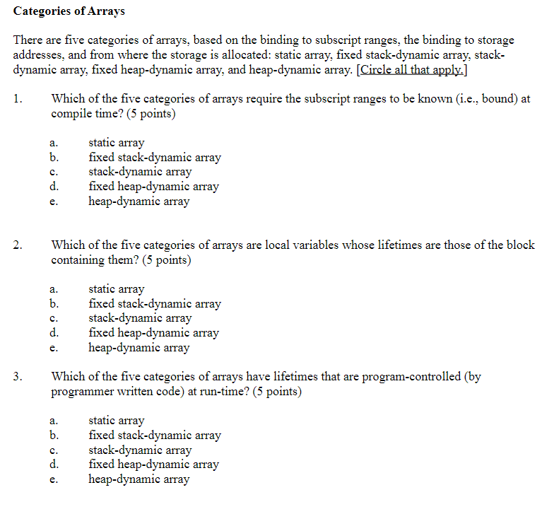 Solved Categories of Arrays There are five categories of | Chegg.com Solved Categories of Arrays There are five categories of | Chegg.com