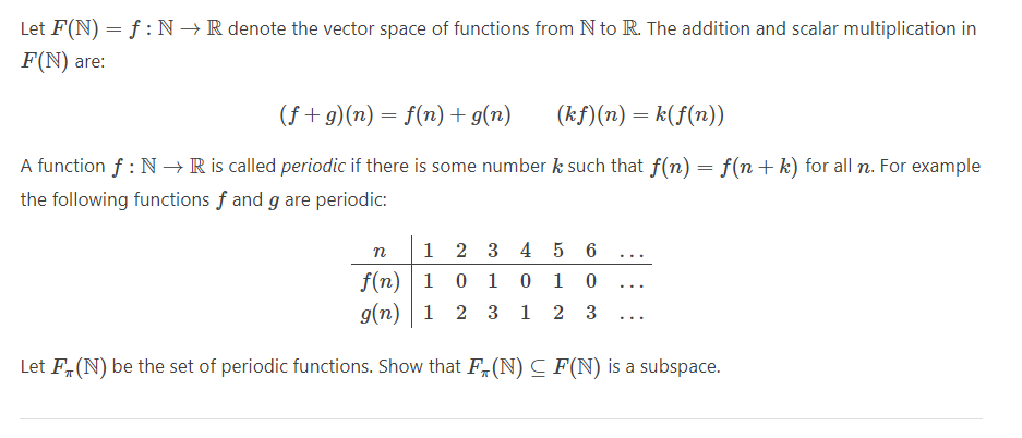 Solved Let F(N) = f:N+R denote the vector space of functions | Chegg.com
